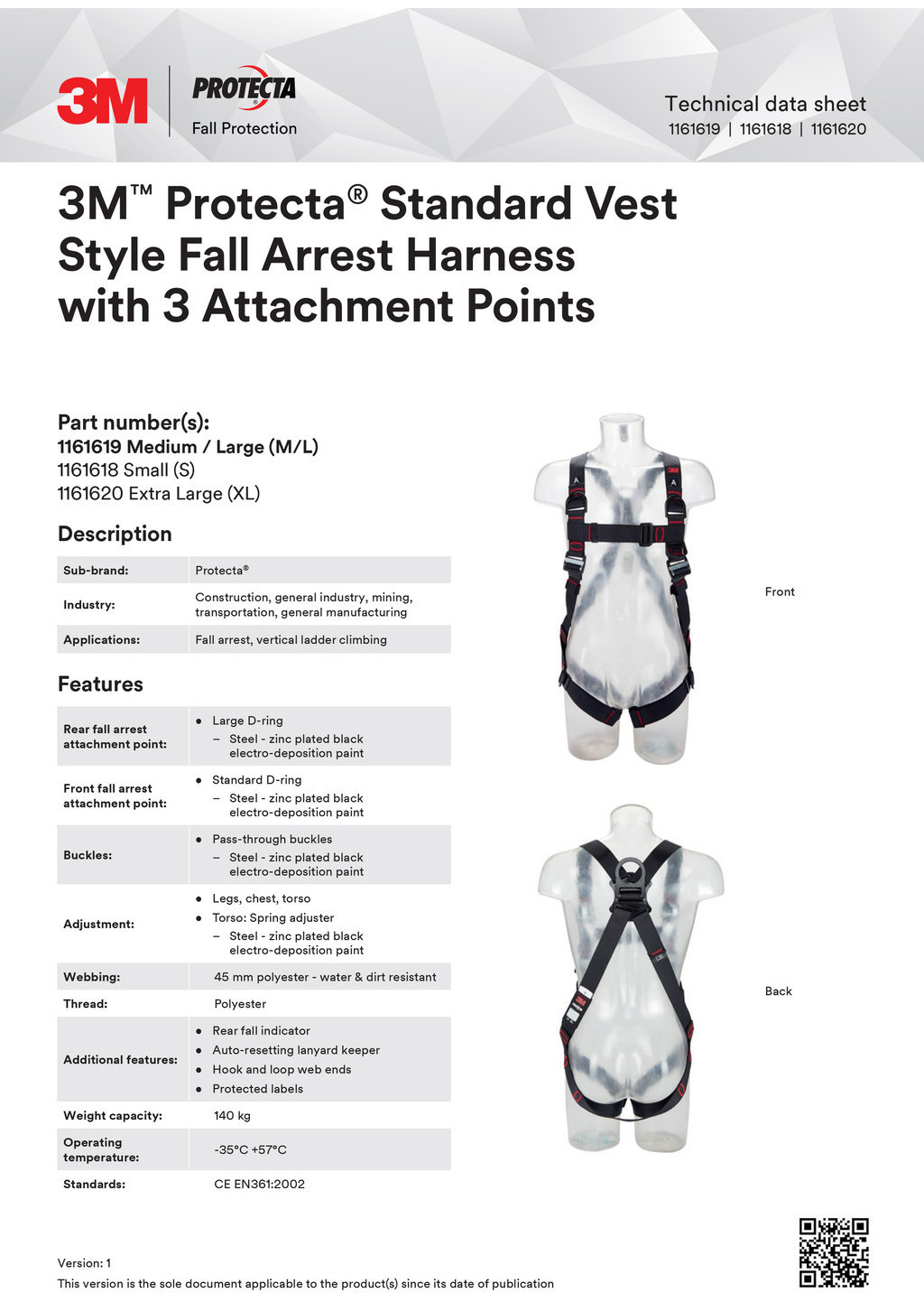 3M™ 1161619 P200 Protecta Standard Vest Style Fall Arrest Body Harness ...