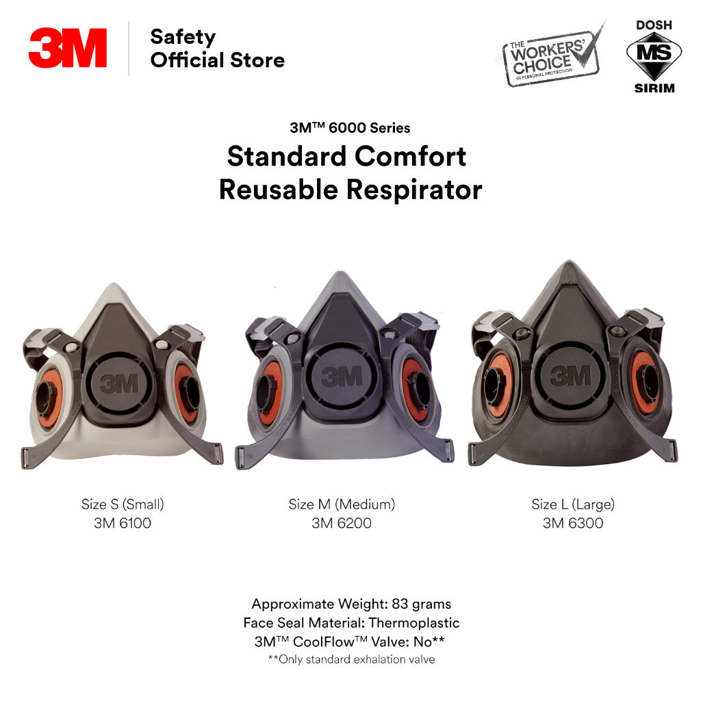 3M™ 6000 Series Reusable Respirator/ 6100 (S), 6200 (M), 6300 (L ...