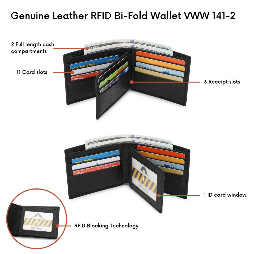 Volkswagen Genuine Leather RFID Bi-Fold Wallet - Black VWW 141-2 ...