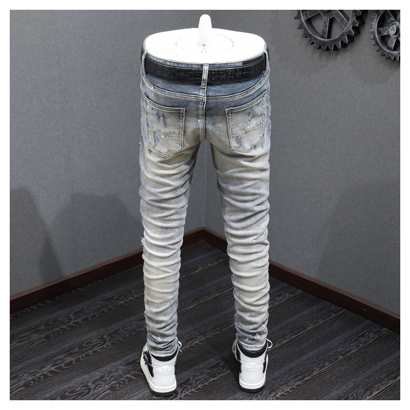 High Quality Street Fashion Men Jeans Vintage Blue Elastic Fit Patch ...