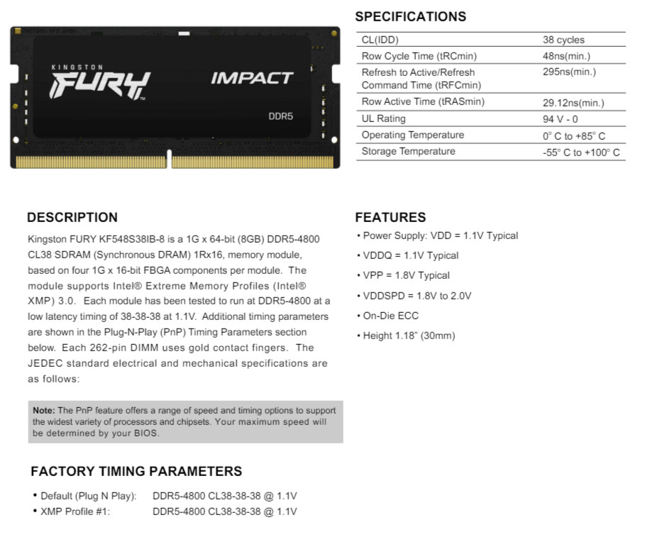 Kingston Fury Impact Pnp Sodimm 8GB / 16GB / 32GB DDR5 4800MHZ CL38 Memory Ram | Shopee Malaysia