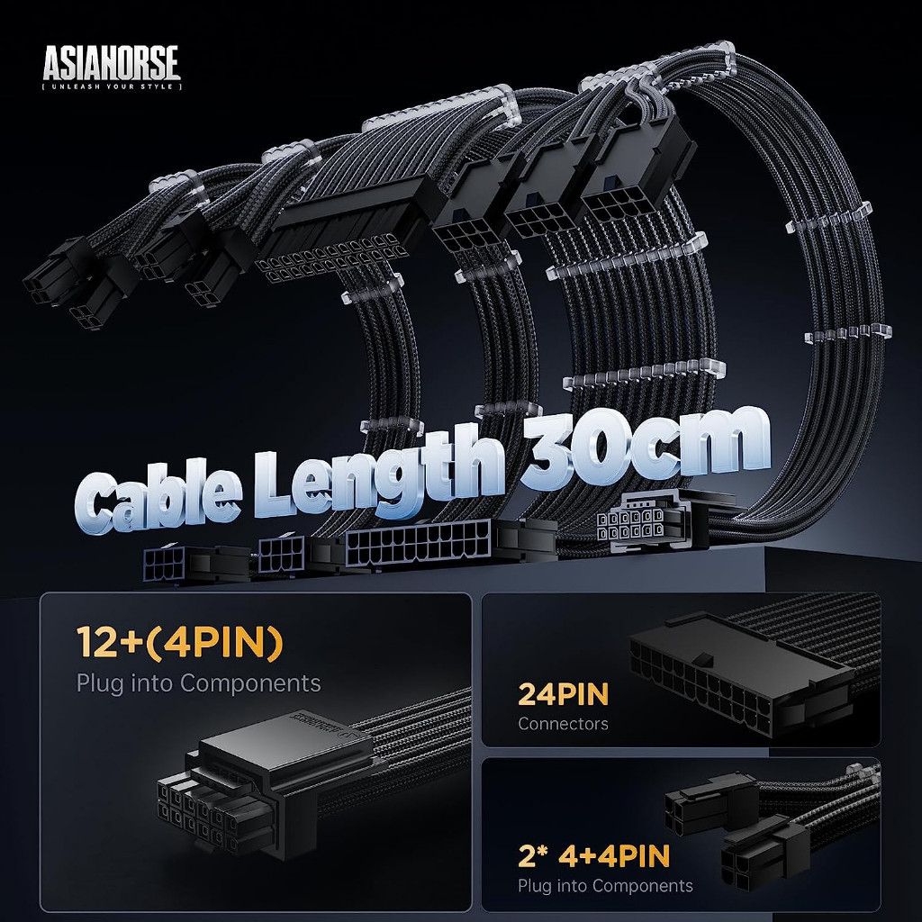 Asiahorse 16AWG 90° / 180° 12VHPWR PCIE 5.0 Sleeve Extension Cable Kit ...