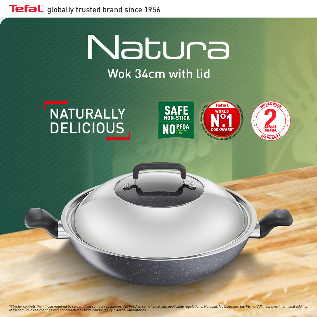 Tefal Natura Wok with lid 34cm (Non-stick Cookware, Mineralia Non-stick coating, Thermo-signal ...