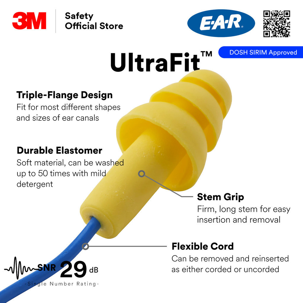 3M™ UltraFit Reusable Earplugs UF-01-000 E-A-R/ SNR 29dB/ Hearing ...