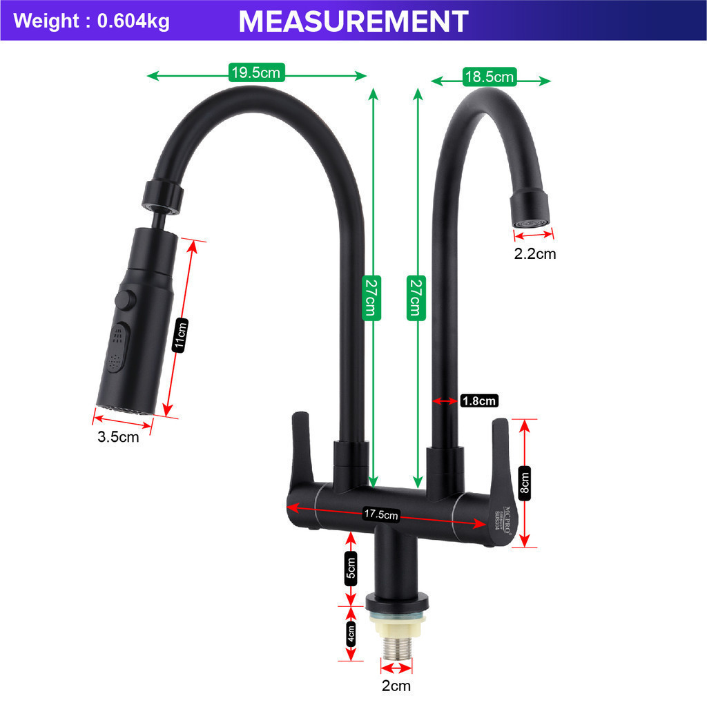 MCPRO SUS304 Stainless Steel Kitchen Faucet BLACK Twin Pillar Sink Tap ...