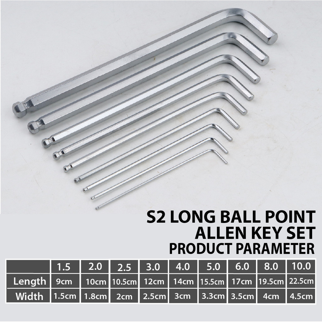 (9pcs) Silver Allen Key Long Ball Point Wrench Set S2 L Shape Hexagon ...