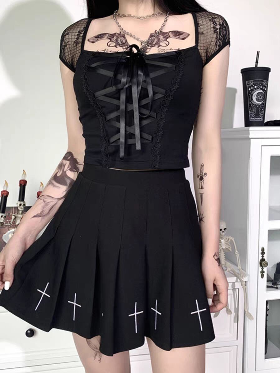 Vintage Tops Goth T-shirt Women Bodycon Bandage Lace Black T-shirts ...