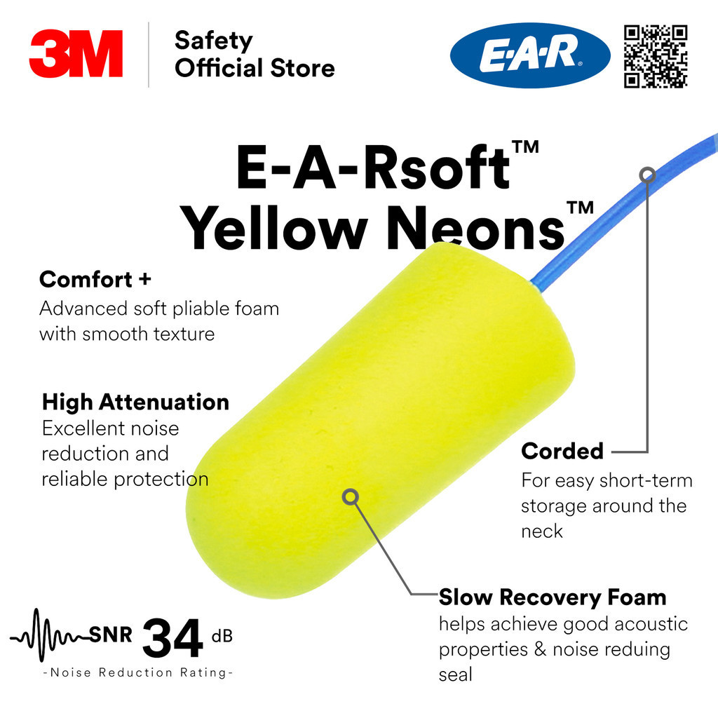 3M™ 311-4266 E-A-Rsoft Yellow Neons Corded Foam Earplug SNR 34dB ...