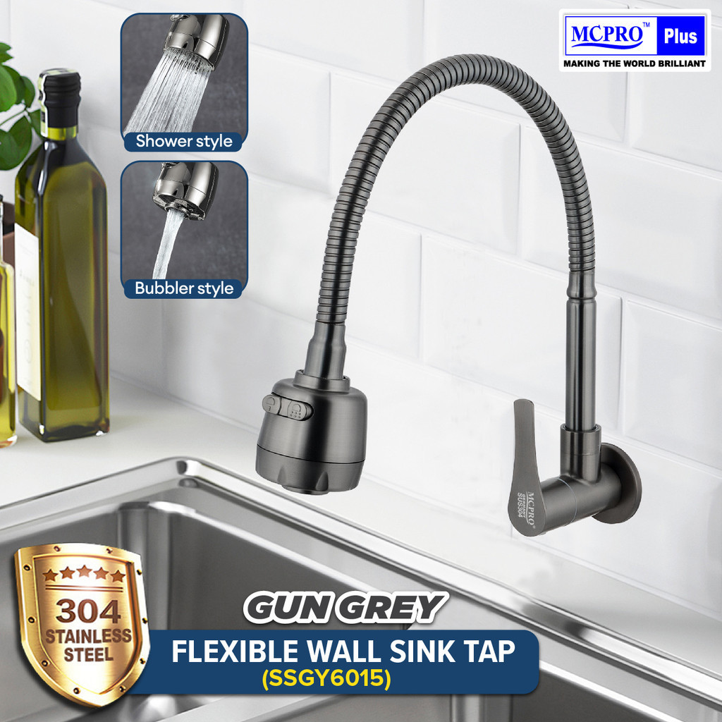 MCPRO SUS304 Stainless Steel GUN GREY FLEXIBLE WALL SINK TAP with BIG ...