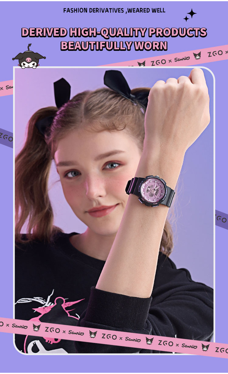 ZGO x Sanrio Kuromi jam tangan Multifunction Sports watch Dual Display ...