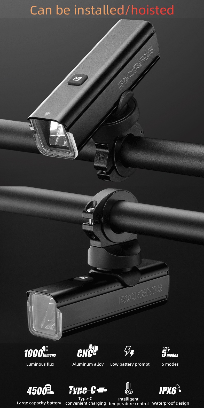 ROCKBROS IPX6 Waterproof Rechargeable Type-C Bike Light (1000 Lumen x 4500mAh) | Shopee Malaysia