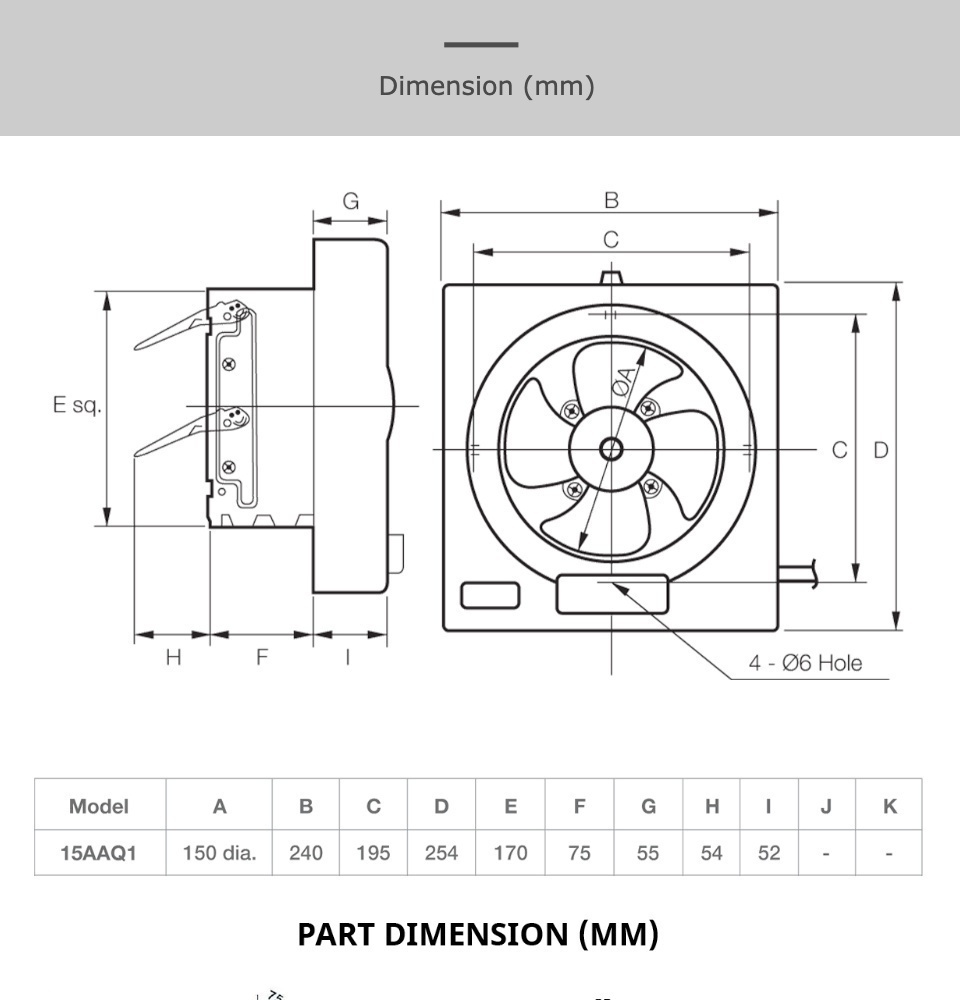 KDK 15aaq1 Exhaust Fan – 6 Inch Fan Blade, Wall Mounted, 15Aaq, Aaa ...