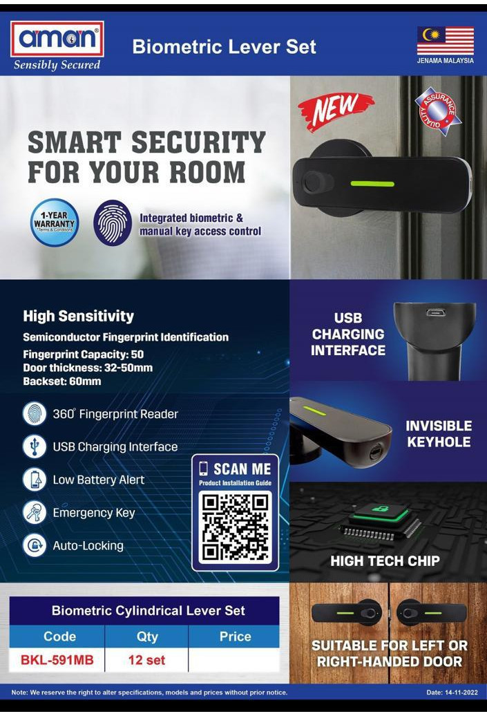 AMAN Biometric Lever Lock Set Fingerprint Smart Door Lock Set BKL-591MB ...