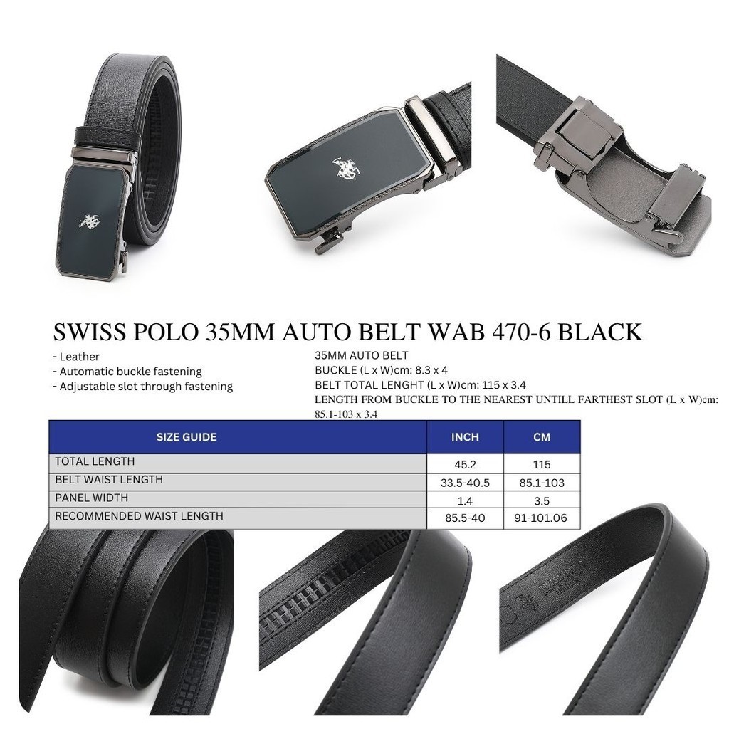 SWISS POLO Automatic PU Leather Belt 35mm - Black WAB 470/ 473/ 474 ...