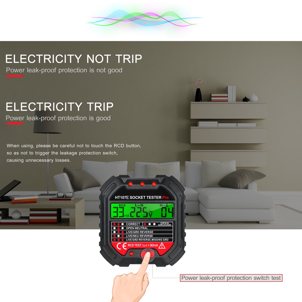 KKmoon HT107E GFCI Socket Tester Electric Leakage Finder With Voltage ...