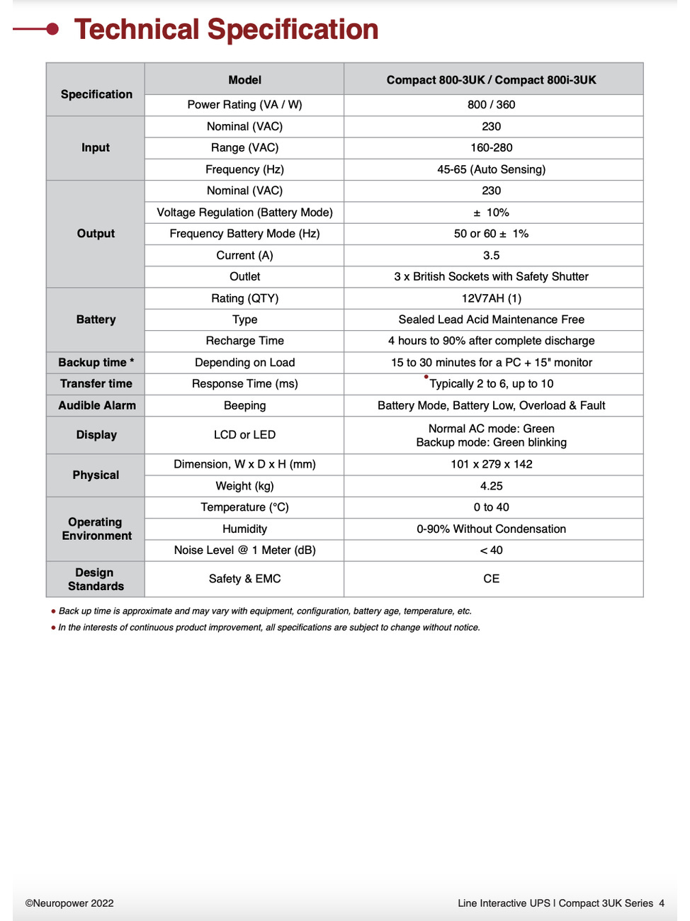 Neuropower UPS 800VA Compact 800i-3UK Backup Battery Build-In AVR Surge ...