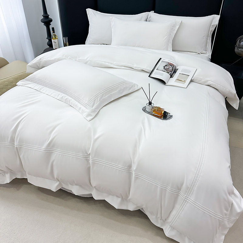 4 IN 1 Washed Cotton Plain Bedding Set Wide Edge Bed Sheet Set Skin ...