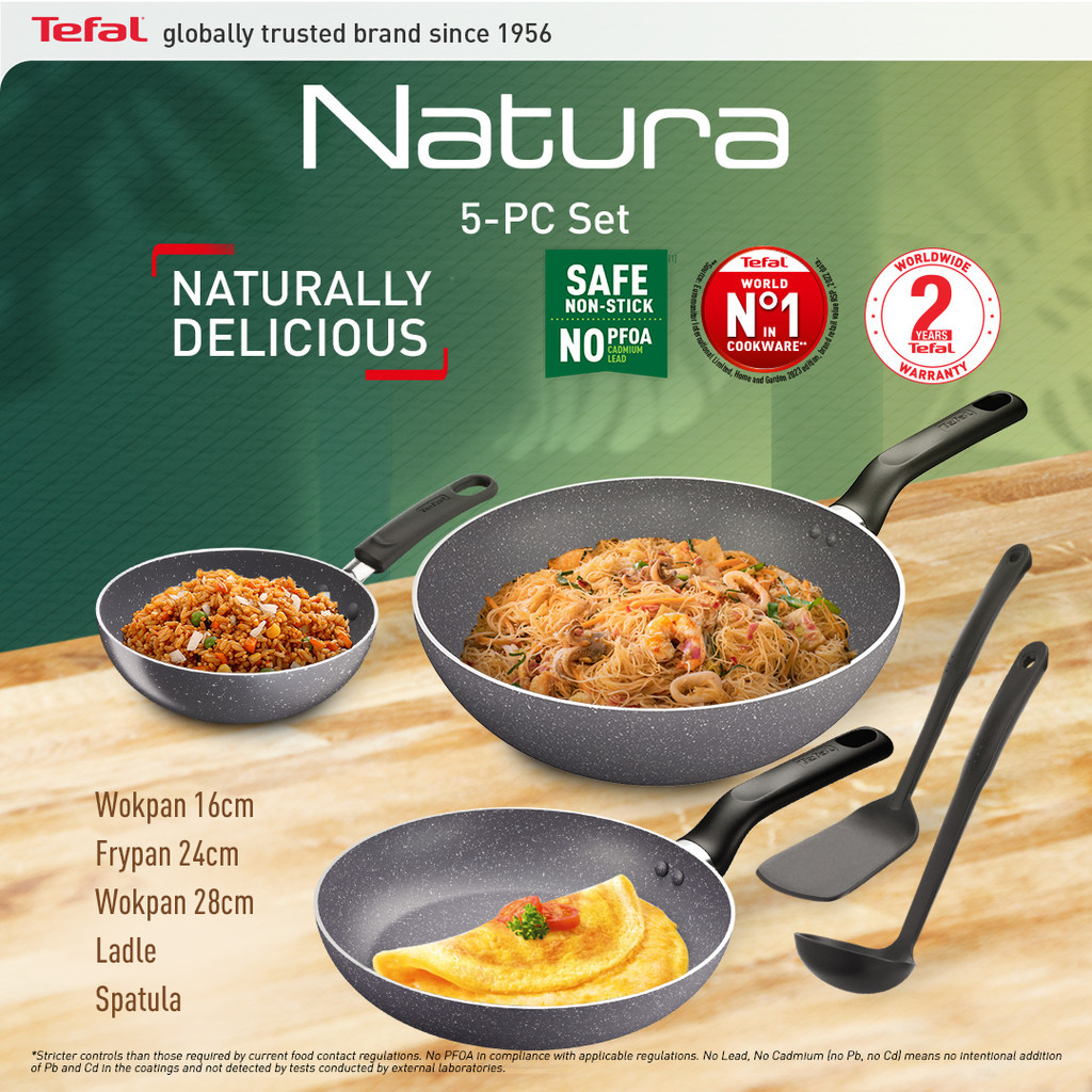 Tefal Natura 5 Pcs Set - Wokpan (28cm) + Wokpan (16cm) + Frypan (24cm) + Ladle & Spatula ...