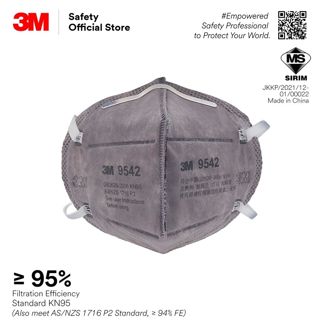 3M™ 9542 KN95/P2 Particulate/ Haze/ Dust/ Mist Disposable Respirator/ Organic Vapor/ Smell ...