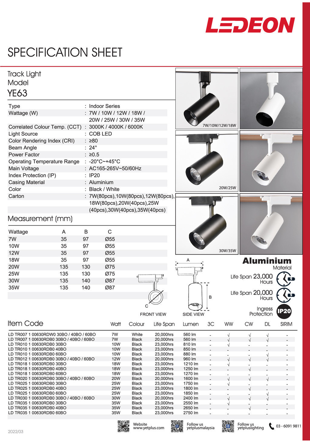 YETPlus LEDEON YE63 7W COB LED White Aluminium Track Light Updownlight ...