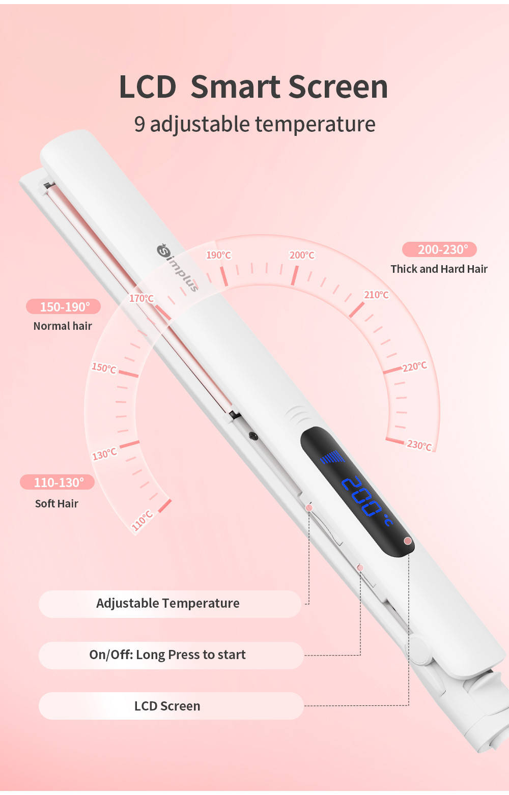 Simplus Inssa LCD Display 9 Temperature 3D Floating Plate Hair Straightener (119mm) ZFBA003 ...