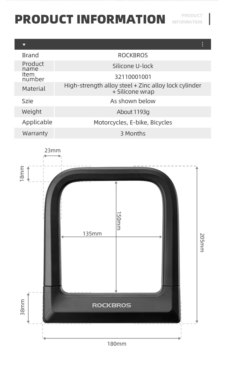 ROCKBROS Heavy Duty Silicone U Shape Lock Steel Anti-theft Key Bold ...