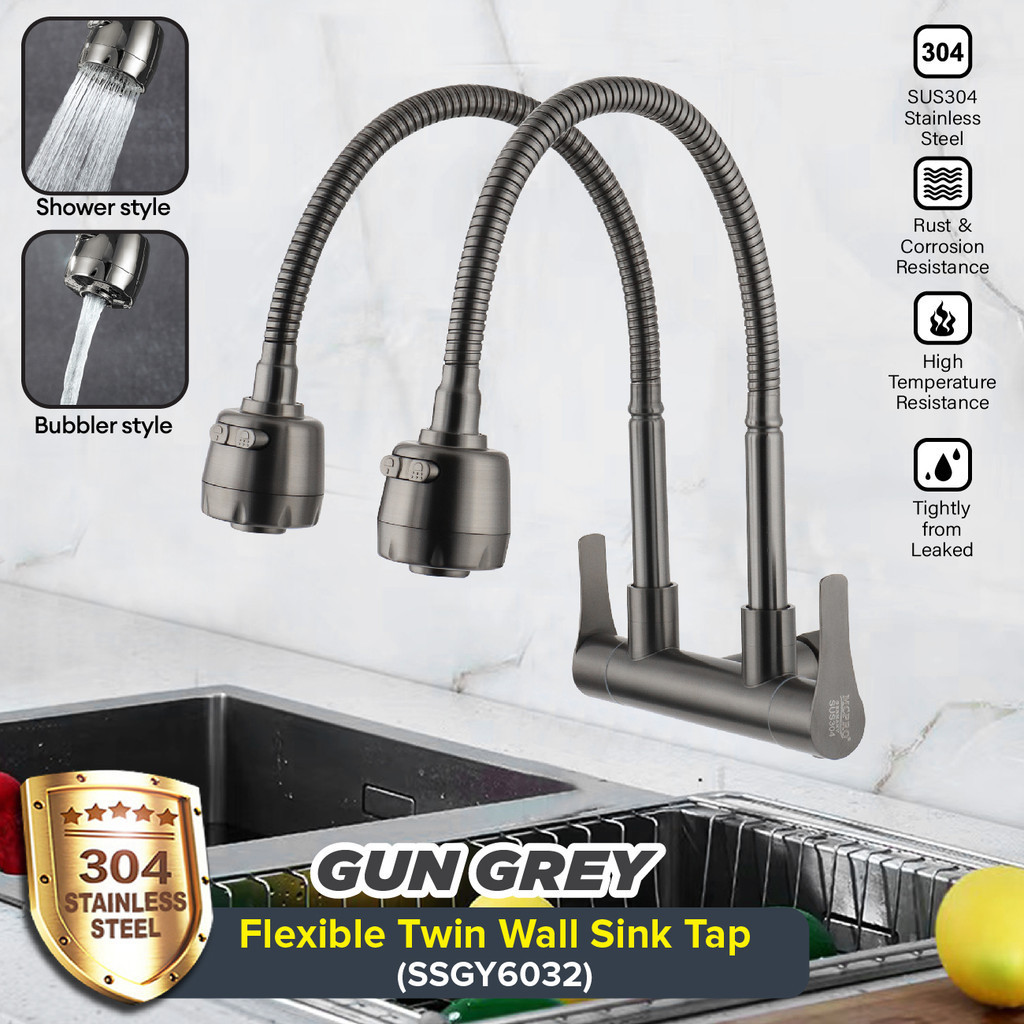 MCPRO SUS304 Stainless Steel GUN GREY Flexible Twin Wall Sink Water Tap ...