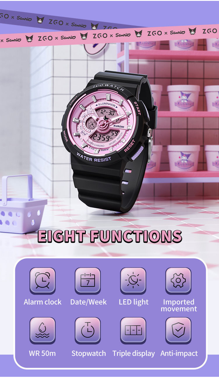 ZGO x Sanrio Kuromi jam tangan Multifunction Sports watch Dual Display ...