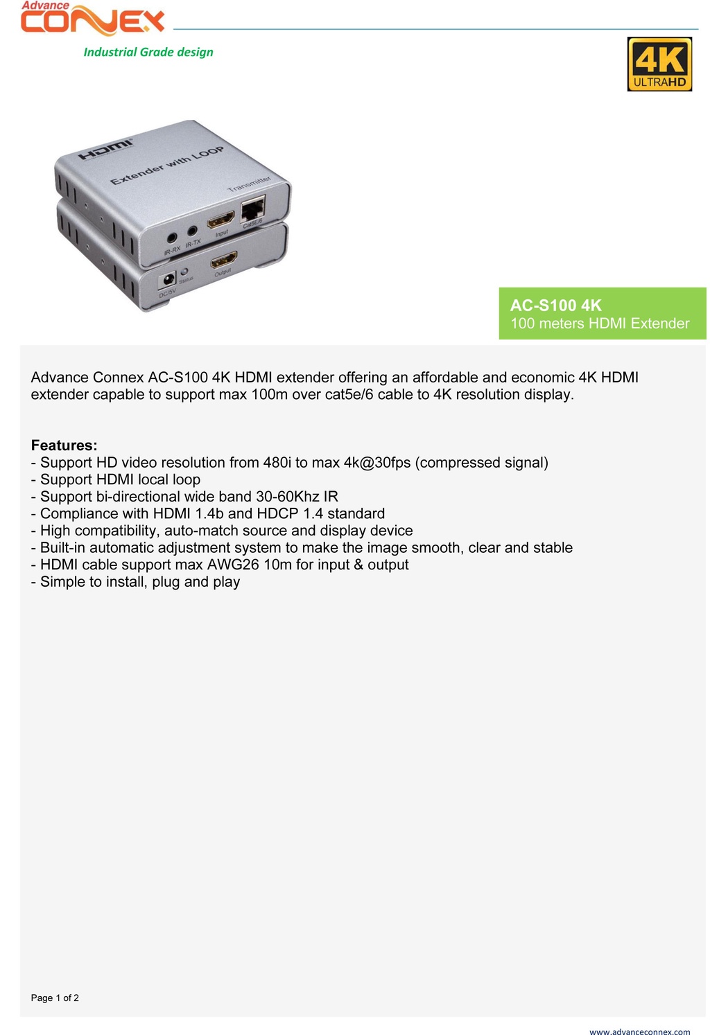 Advance Connex AC-S100 4K HDMI Extender Up to 100m - 100m 4K HDMI ...