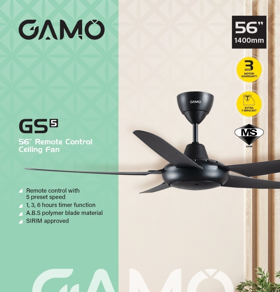 Gamo Ceiling Fan Gs5 - 5 Speed Remote Control, Matte Black (56”) Separate x1unit Kipas Siling ...