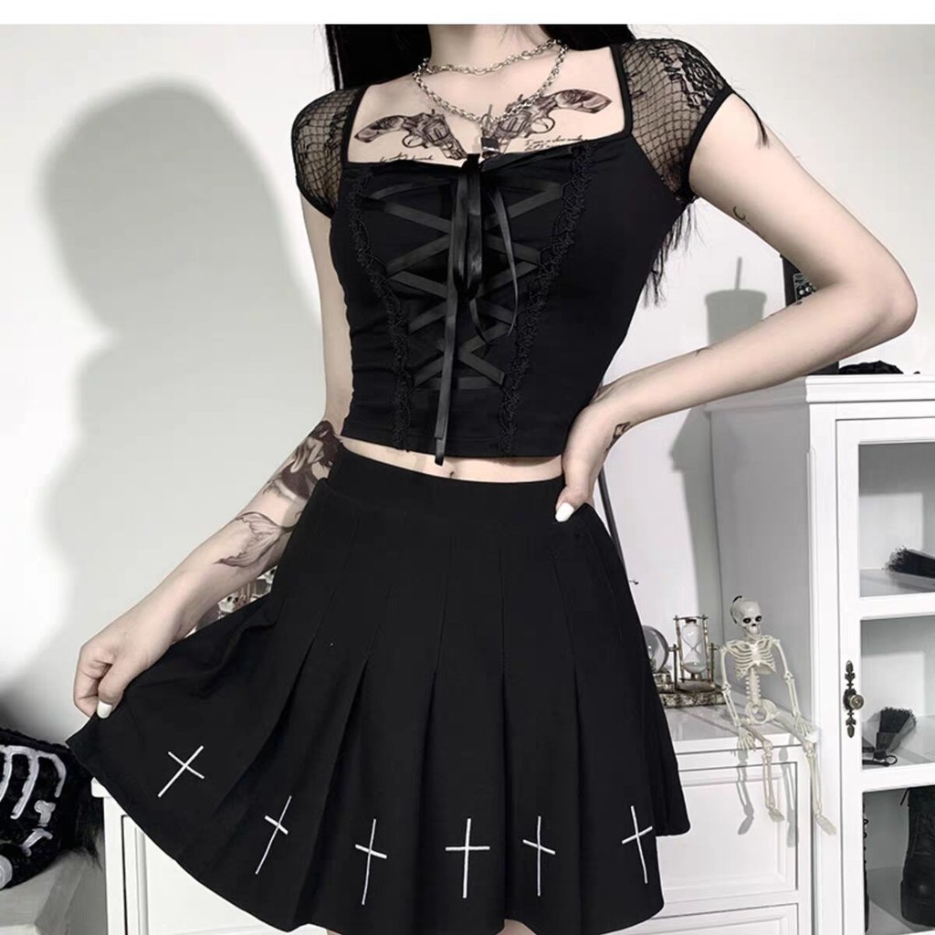 Vintage Tops Goth T-shirt Women Bodycon Bandage Lace Black T-shirts ...