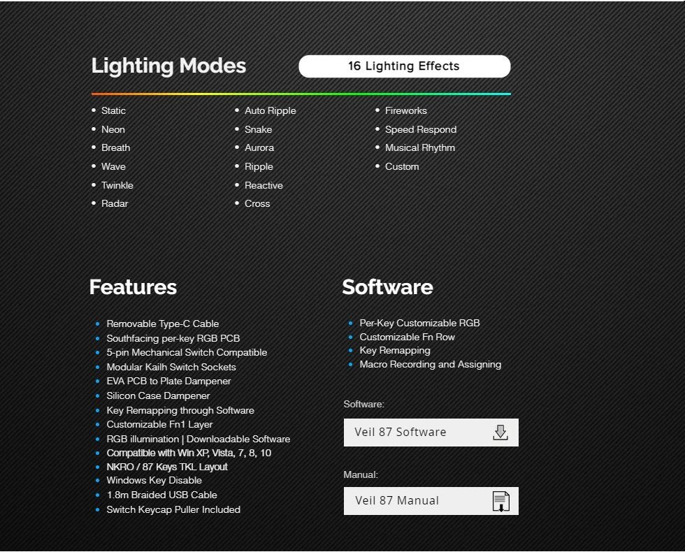 Tecware Veil 87 Wired Mechanical Barebone Keyboard - Smokey Black ...
