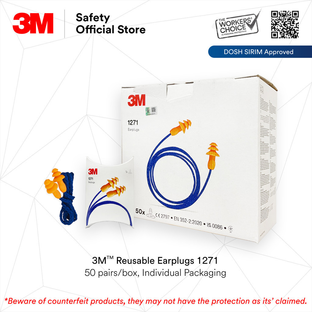[Sell by Box] 3M™ 1271 Reusable Earplugs With Plastic Cord / Optional ...