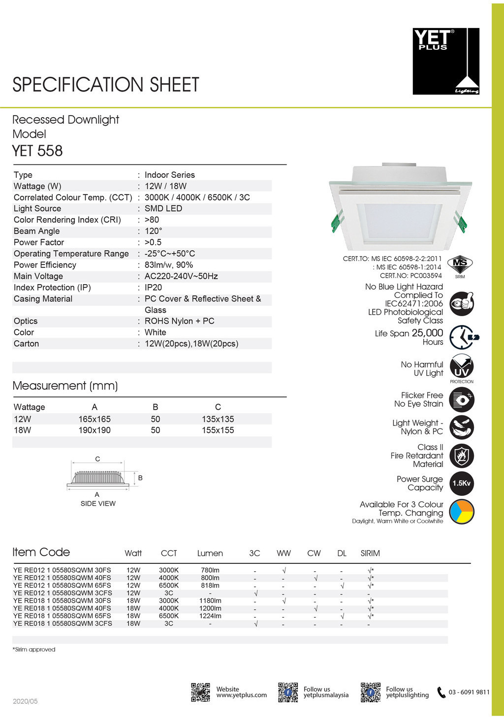YETPlus YET558 YET 558 18W 6” LED SIRIM Ceiling Panel Light Recessed ...