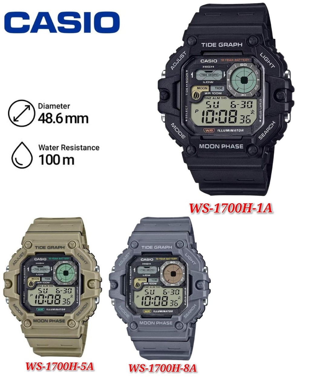 Casio WS-1700H Resin Digital Watch - Multicolour windows with heavy ...