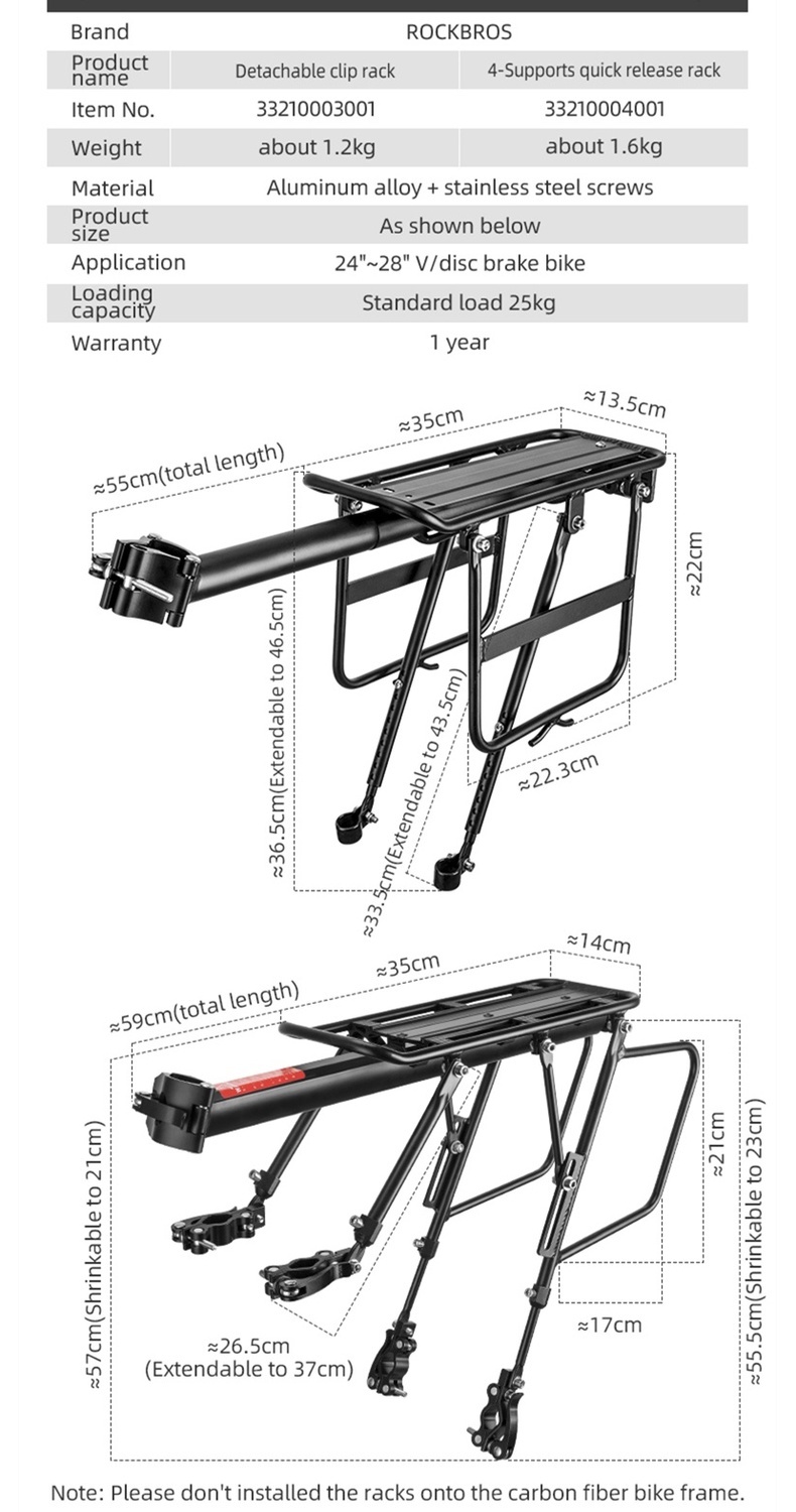 ROCKBROS Bicycle Cargo Rack Rear Bike Pannier Rack Quick Release MTB ...
