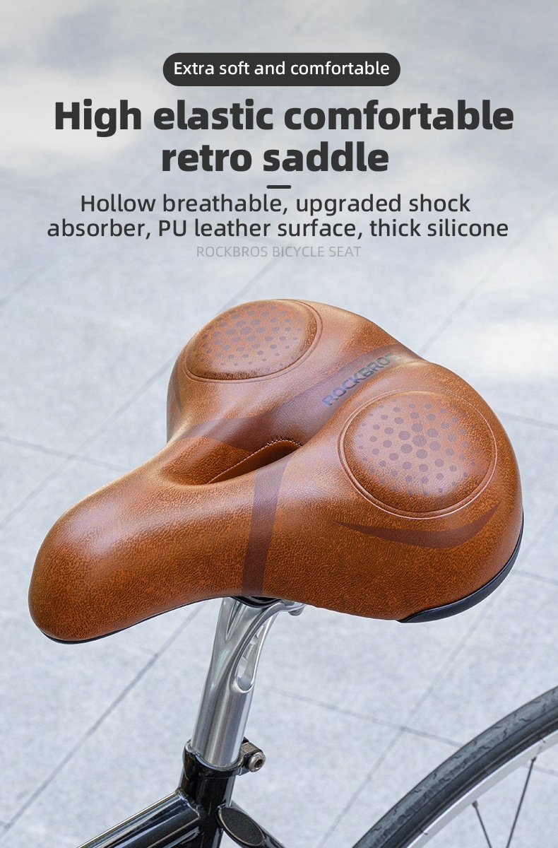 ROCKBROS Bike Saddle Comfortable PU Leather Bike Seat Brown Thickened ...