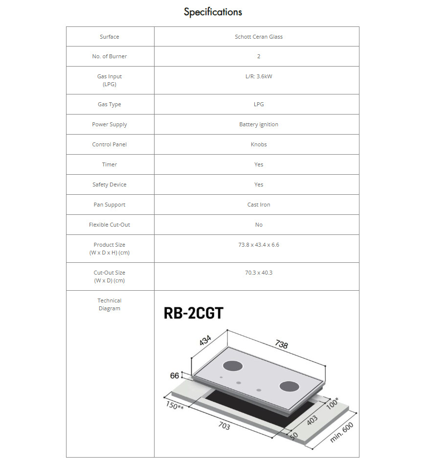 (FREE INSTALL) Rinnai RB-2CGT | 2-Inner Burner Built-in Gas Hob (Glass) | 3.6kW Gas Input ...