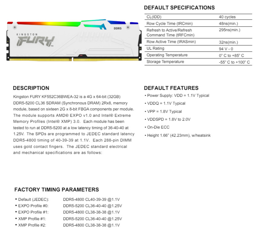 Kingston Fury Beast EXPO White RGB 16GB / 32GB / 64GB DDR5 CL36 5200MHZ Memory Ram - White ( Kit ...