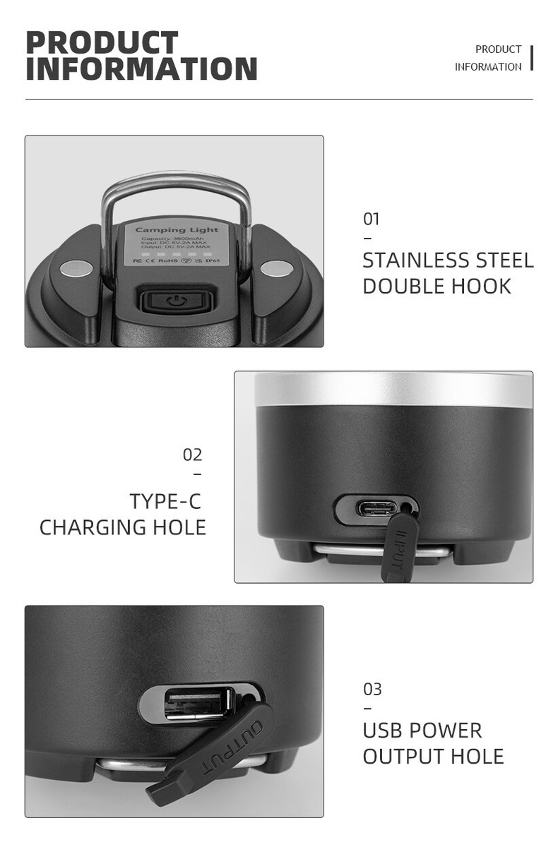 ROCKBROS Multifunction Camping Light 3600mAh Portable Type-C Rechargeable Camping Tent light ...