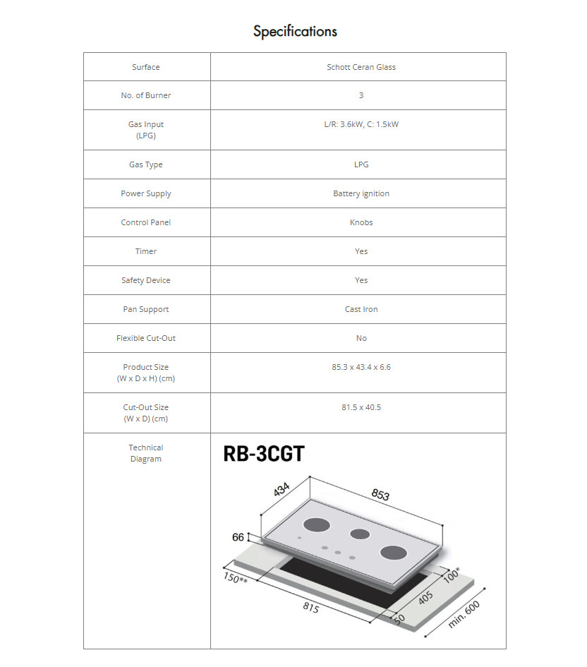 【FREE INSTALL】Rinnai RB-3CGT | 3-Inner Burner Built-in Gas Hob (Glass) | 3.6kW Gas Input ...