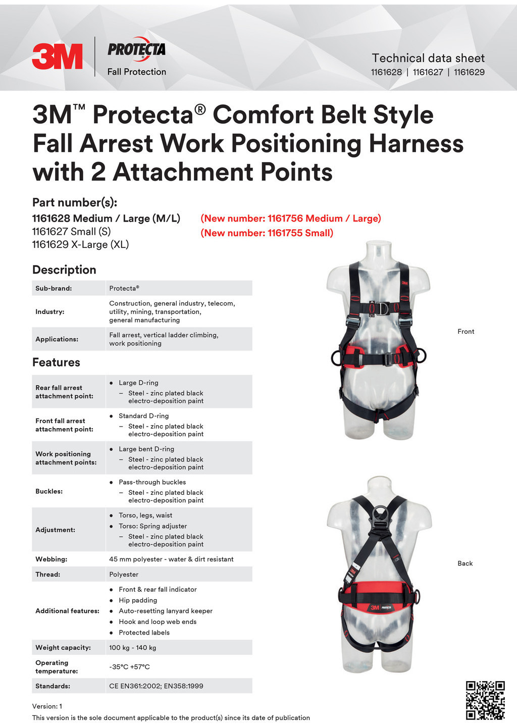 3M™ Protecta P200 1161756 Comfort Belt Style Fall Arrest Work Positioning Harness/ Construction ...