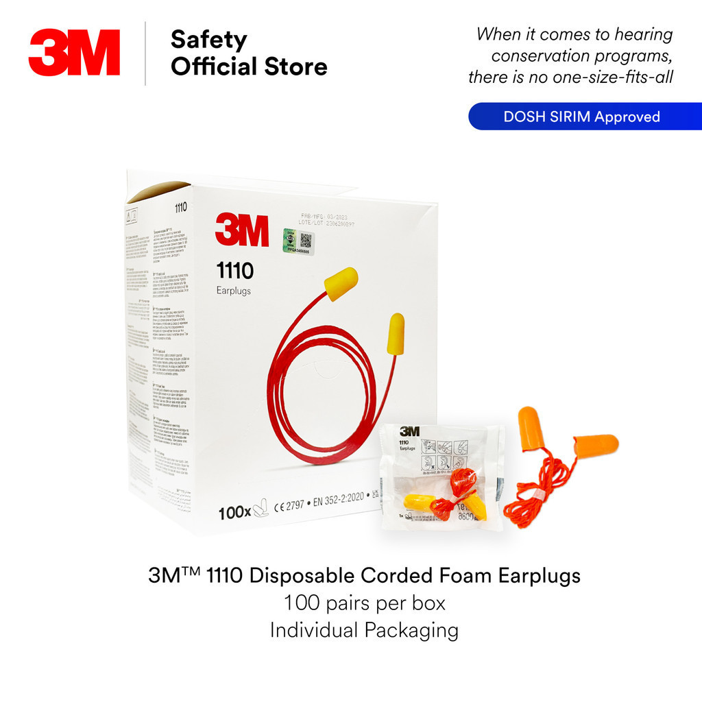 [Sell by Box] 3M™ 1110 Corded Soft Foam Earplugs SNR 35 dB Travel (100 Pairs/Box) EP_ PSD ...