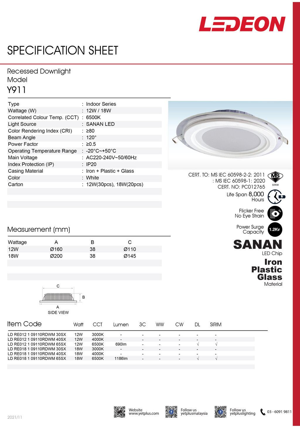 YETPlus LEDEON JSE 4" 12W 6" 18W Glass LED Recessed Ceiling Downlight ...