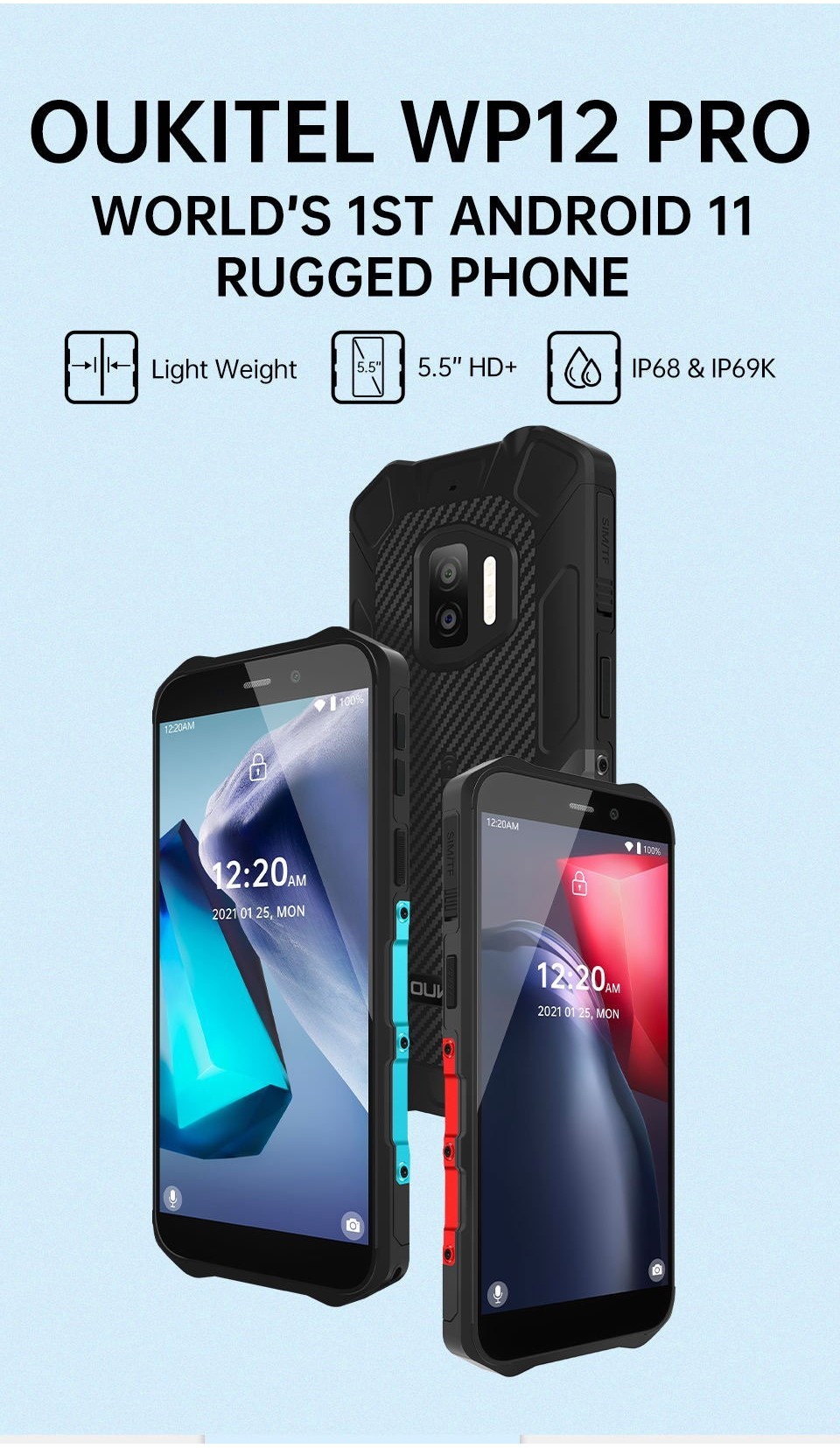 OUKITEL WP12 Pro Rugged Handphone (IP68/69K/5.5" HD+/4GB+64GB/Android 11/Helio A20/Quad Core ...