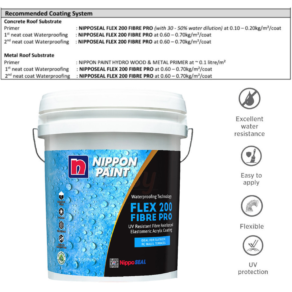 NIPPON PAINT FLEX 200 NIPPO SEAL FIBRE PRO WATERPROOFING WHITE GREY 20KG / Cat Slab Bocor ...