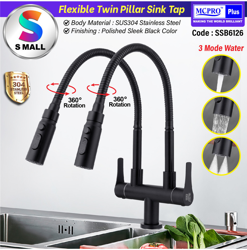 MCPRO SUS304 Stainless Steel Kitchen Faucet BLACK Flexible Twin Pillar ...