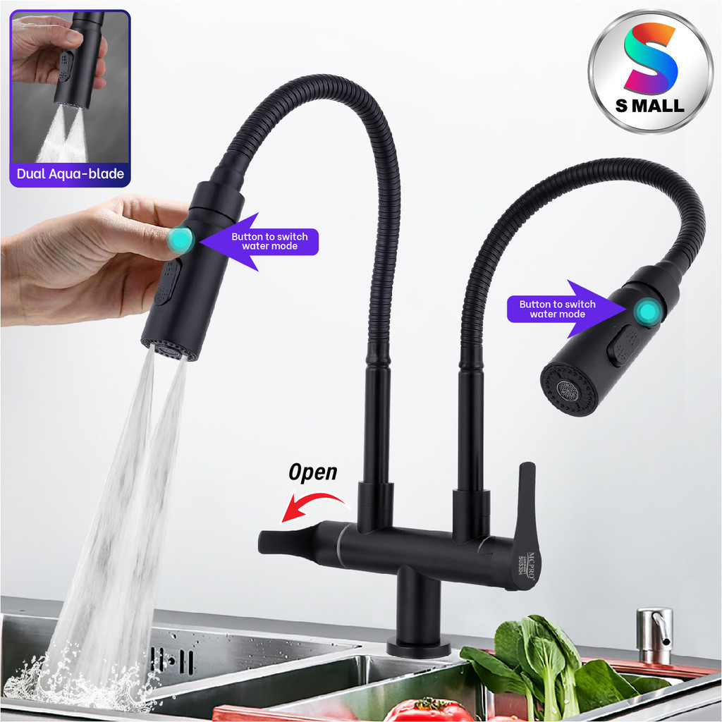 MCPRO SUS304 Stainless Steel Kitchen Faucet BLACK Flexible Twin Pillar ...