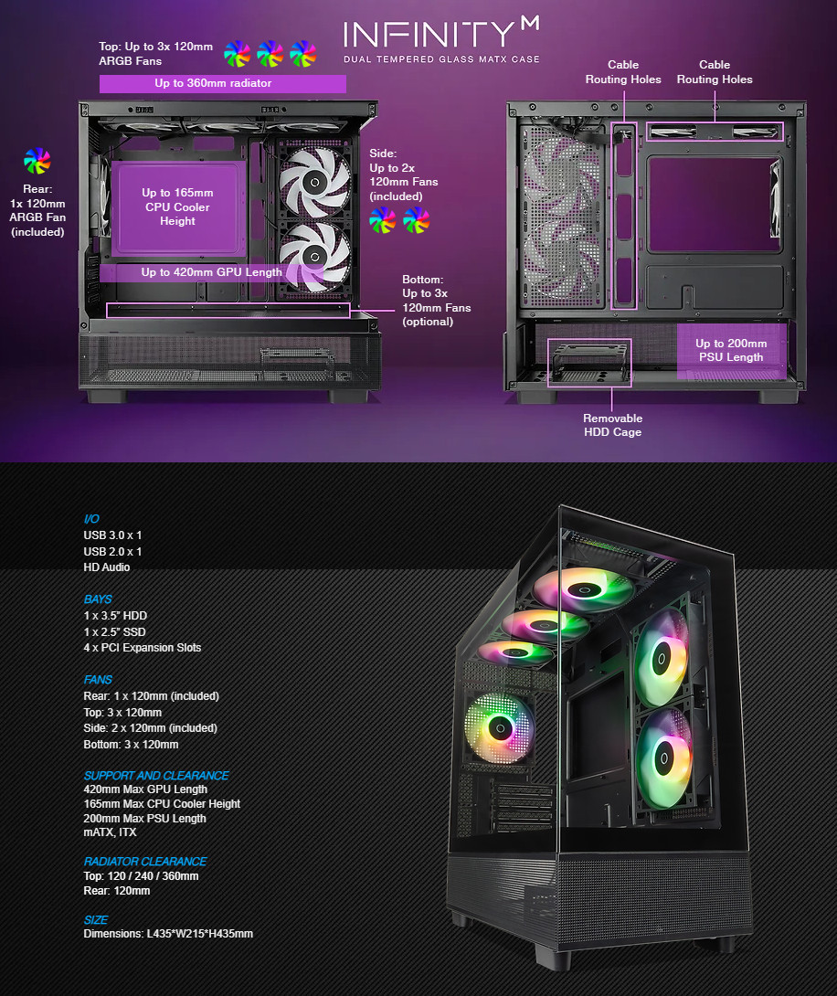 Tecware Infinity M Dual Chamber ARGB TG mATX PC Case - Black / White ...