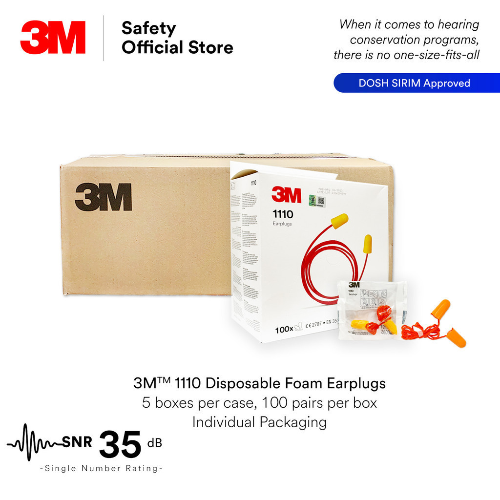 [Sell by Case] 3M™ 1110 Corded Soft Foam Earplugs SNR 35 dB (100 Pairs/Box x 5 Boxes/Case) EP ...